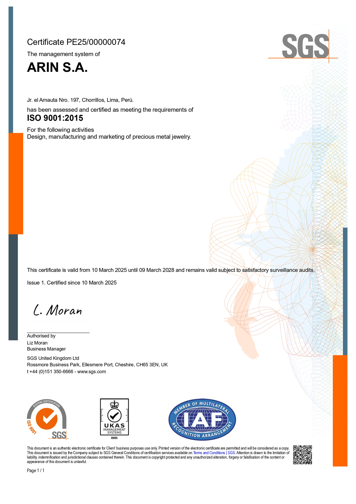 ISO 9001 Certified By SGS ARIN S A 
